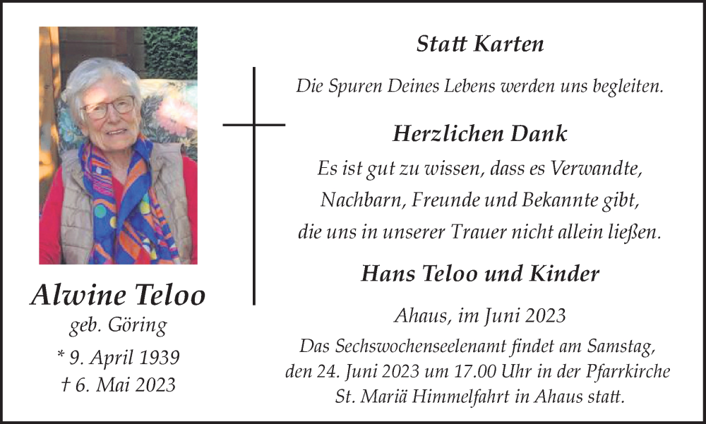Traueranzeigen von Alwine Teloo | sich-erinnern.de
