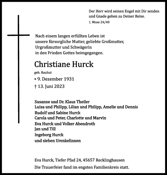 Traueranzeigen von Christiane Hurck | sich-erinnern.de