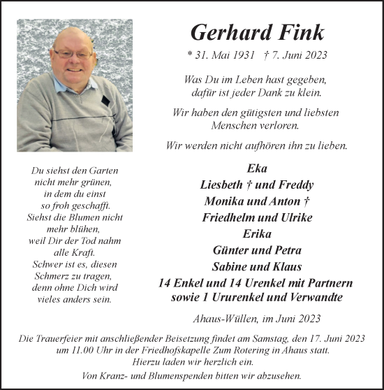 Traueranzeigen von Gerhard Fink | sich-erinnern.de