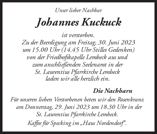 Traueranzeigen von Johannes Kuckuck | sich-erinnern.de