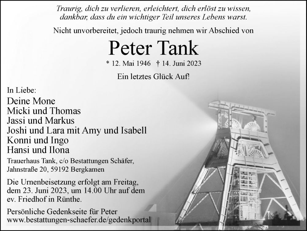 Traueranzeigen von Peter Tank | sich-erinnern.de
