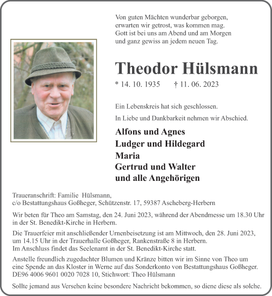 Traueranzeigen von Theodor Hülsmann | sich-erinnern.de