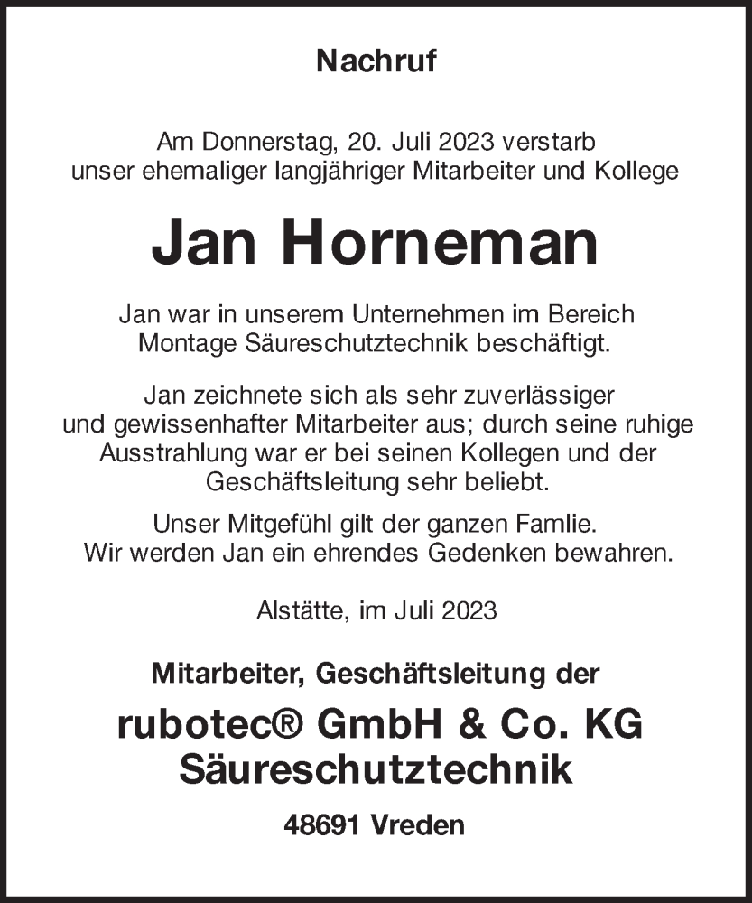 Traueranzeigen von Jan Horneman | sich-erinnern.de