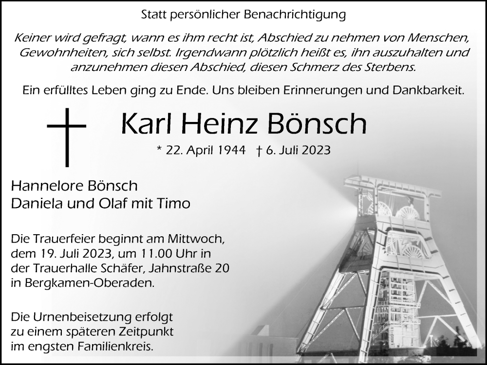 Traueranzeigen von Karl Heinz Bönsch | sich-erinnern.de