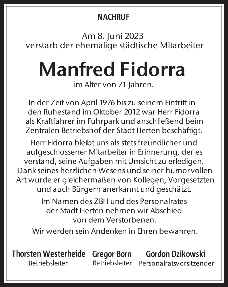 Traueranzeigen von Manfred Fidorra | sich-erinnern.de