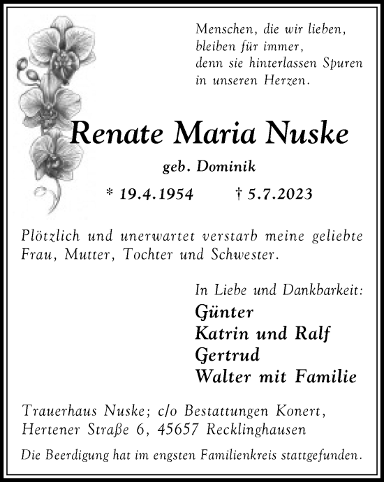 Traueranzeigen von Renate Maria Nuske | sich-erinnern.de