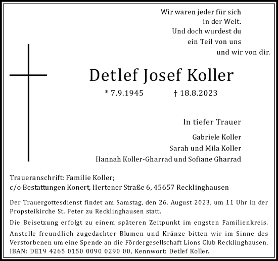 Traueranzeigen von Detlef Josef Koller | sich-erinnern.de