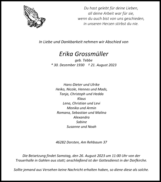 Traueranzeigen von Erika Grossmüller | sich-erinnern.de