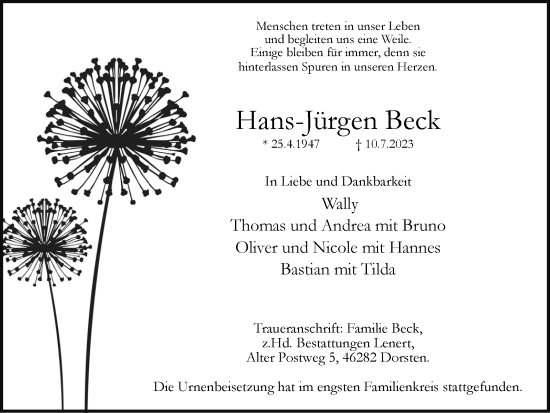 Traueranzeigen von Hans-Jürgen Beck | sich-erinnern.de