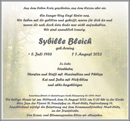 Traueranzeigen von Sybille Bleich | sich-erinnern.de