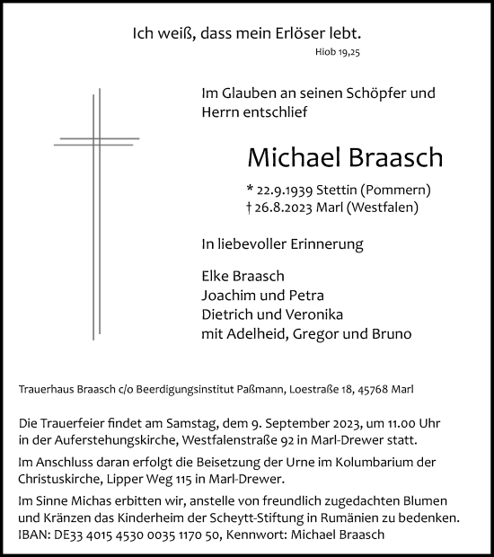 Traueranzeigen von Michael Braasch | sich-erinnern.de