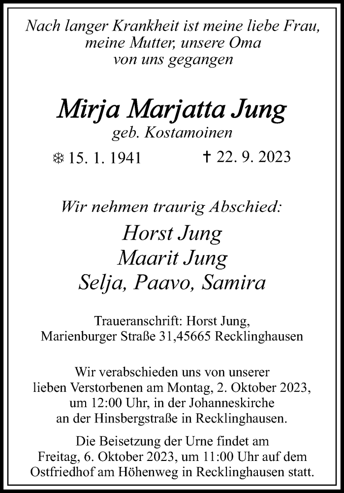 Traueranzeigen von Mirja Marjatta Jung | sich-erinnern.de