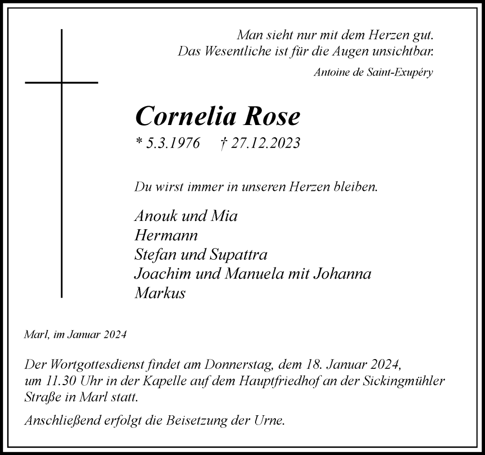 Traueranzeigen von Cornelia Rose | sich-erinnern.de