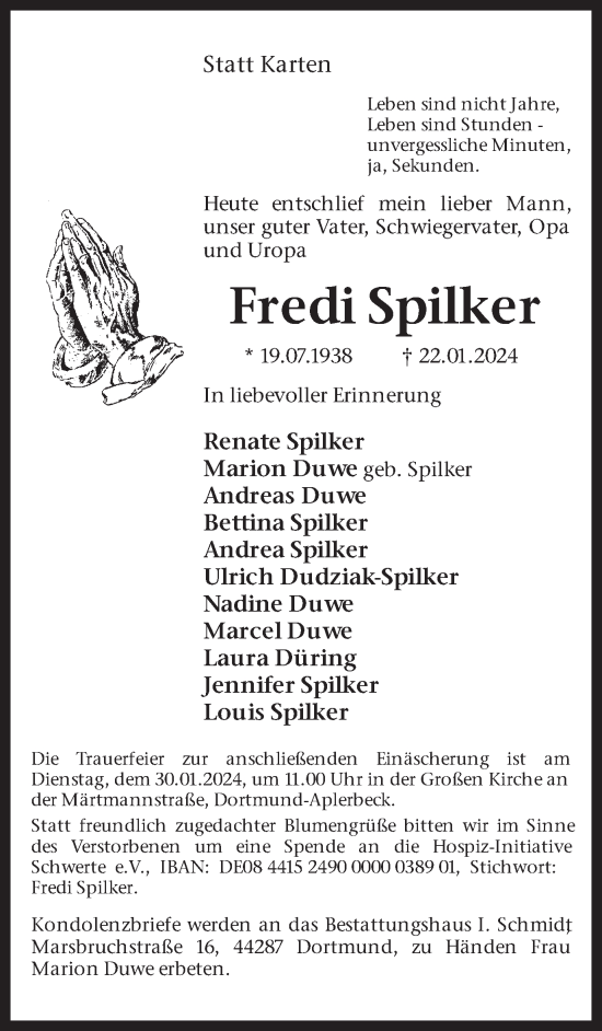 Traueranzeigen von Fredi Spilker | sich-erinnern.de