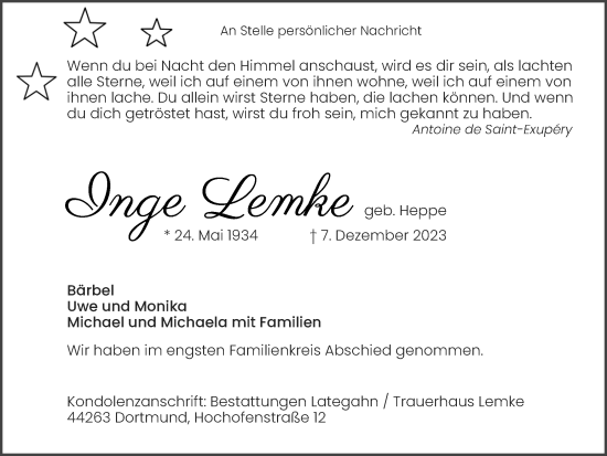 Traueranzeigen von Inge Lemke | sich-erinnern.de