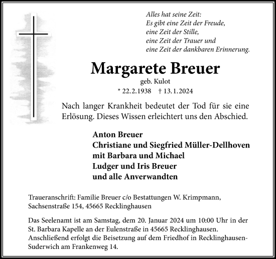 Traueranzeigen von Margarete Breuer | sich-erinnern.de
