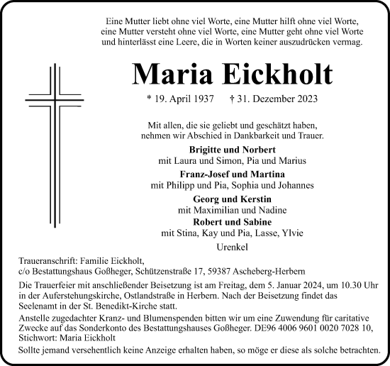 Traueranzeigen von Maria Eickholt | sich-erinnern.de