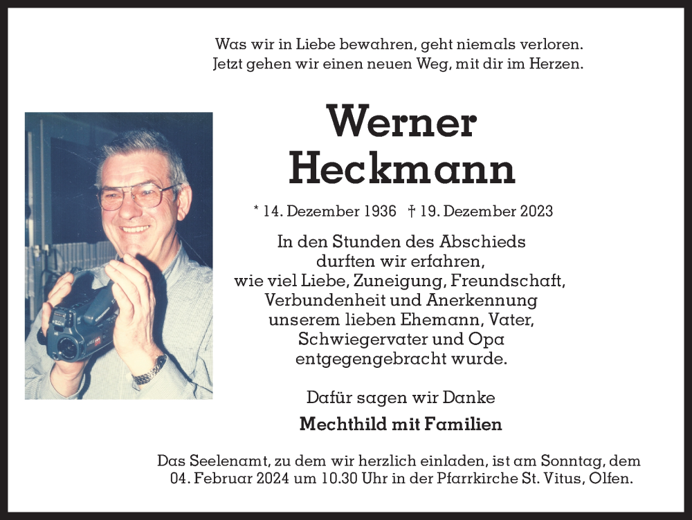 Traueranzeigen von Werner Heckmann | sich-erinnern.de