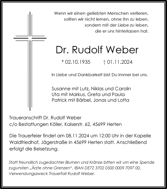 Traueranzeigen von Rudolf Weber | sich-erinnern.de