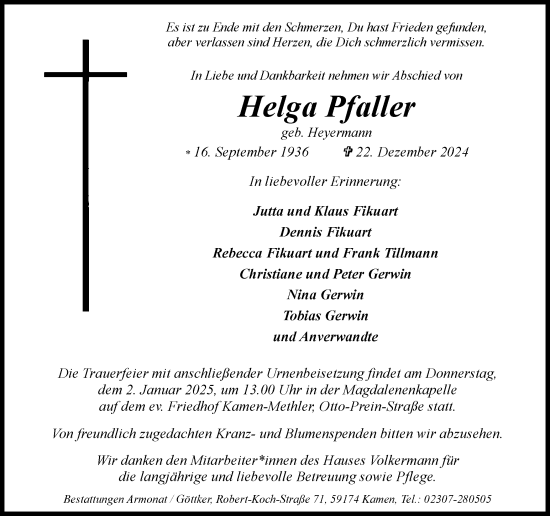 Traueranzeigen von Helga Pfaller | sich-erinnern.de