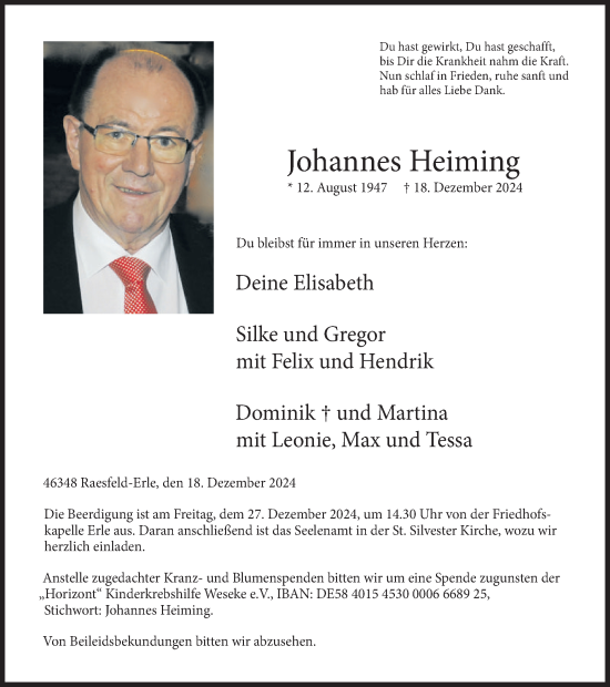 Traueranzeigen von Johannes Heiming | sich-erinnern.de