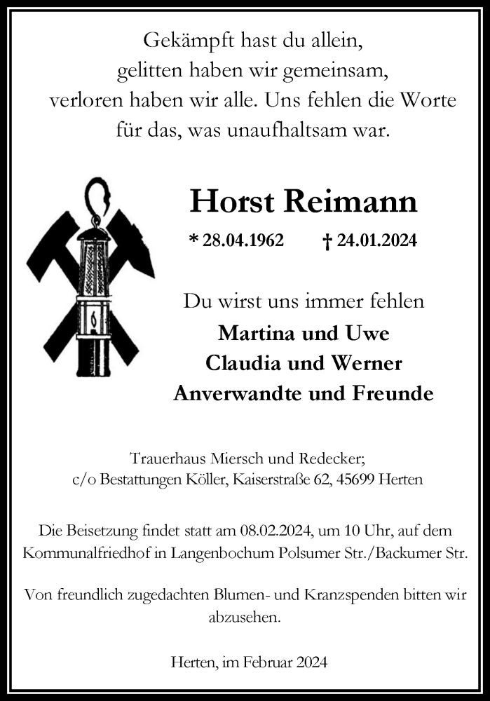 Traueranzeigen von Horst Reimann | sich-erinnern.de