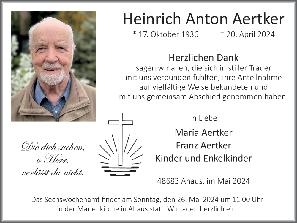 Traueranzeigen von Heinrich Anton Aertker | sich-erinnern.de