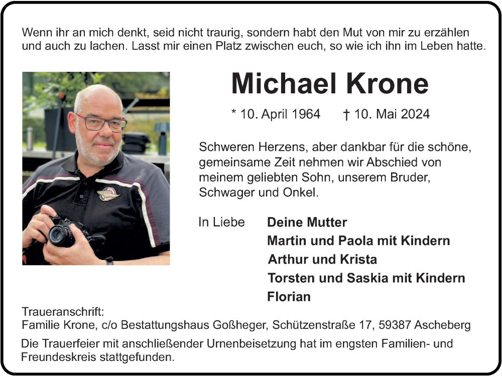 Traueranzeigen von Michael Krone | sich-erinnern.de