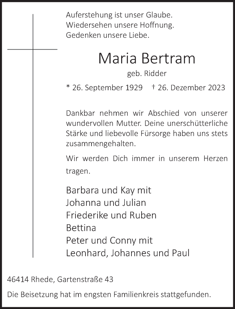 Traueranzeigen von Maria Bertram | sich-erinnern.de