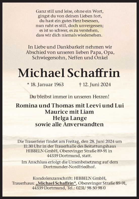 Traueranzeigen von Michael Schaffrin | sich-erinnern.de