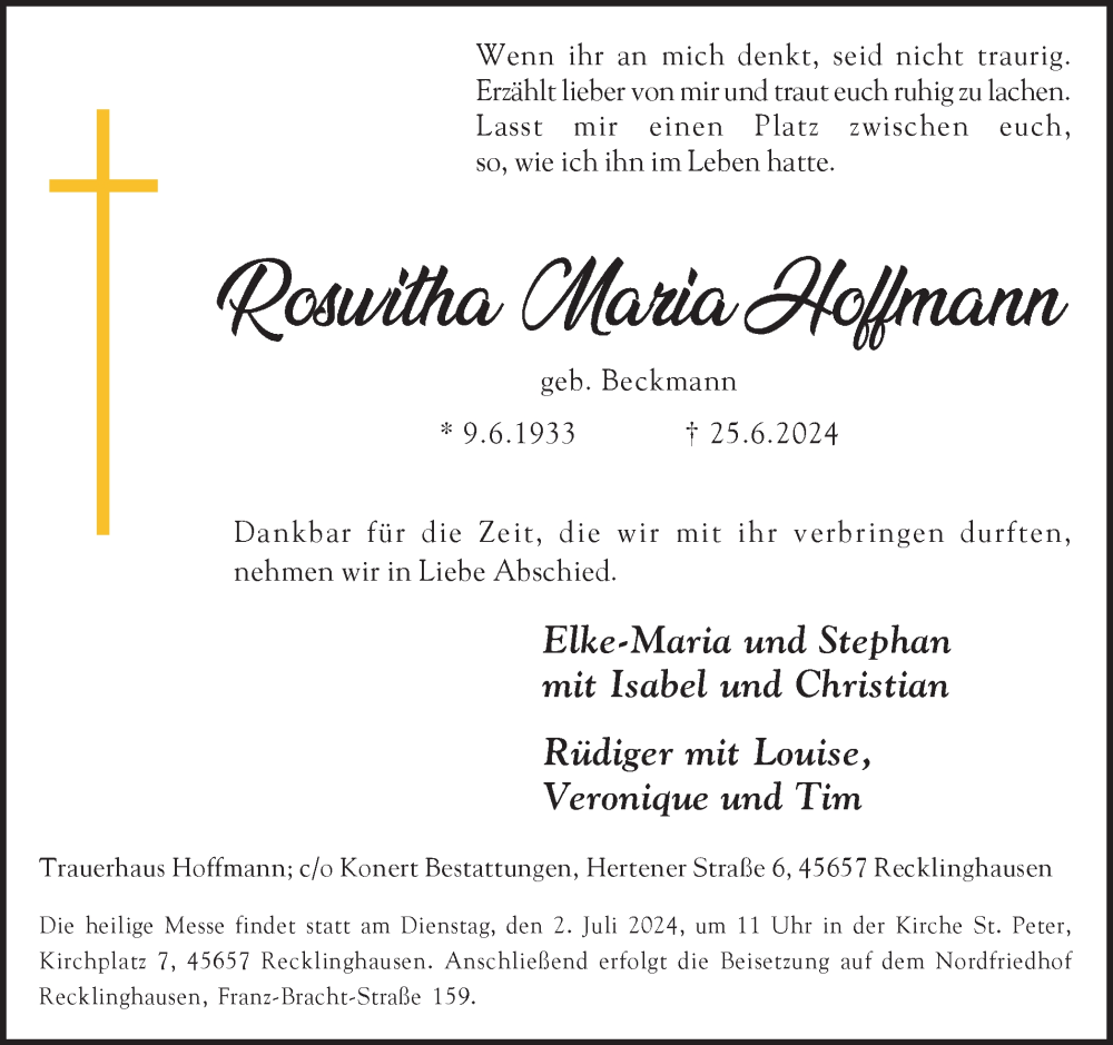 Traueranzeigen von Roswitha Maria Hoffmann | sich-erinnern.de