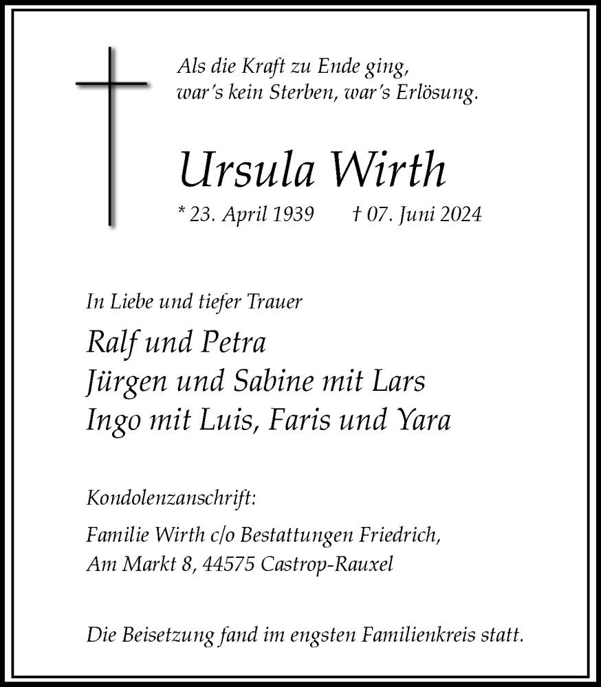 Traueranzeigen von Ursula Wirth | sich-erinnern.de