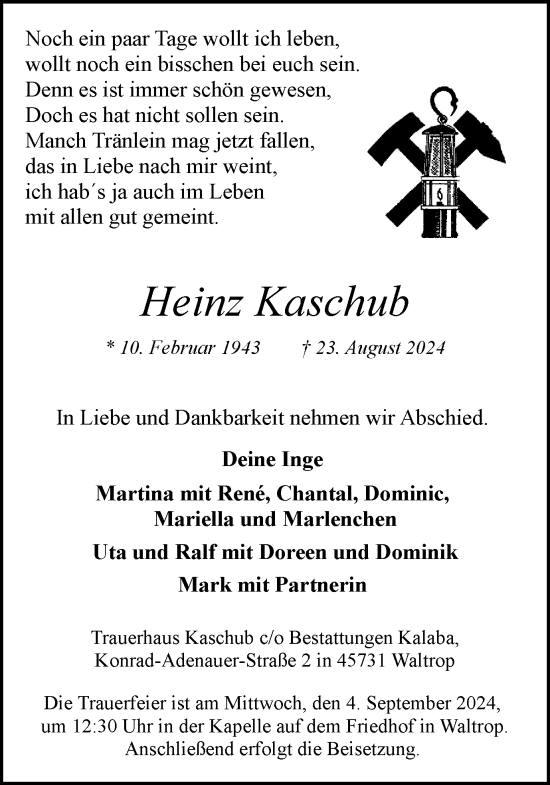 Traueranzeigen von Heinz Kaschub | sich-erinnern.de