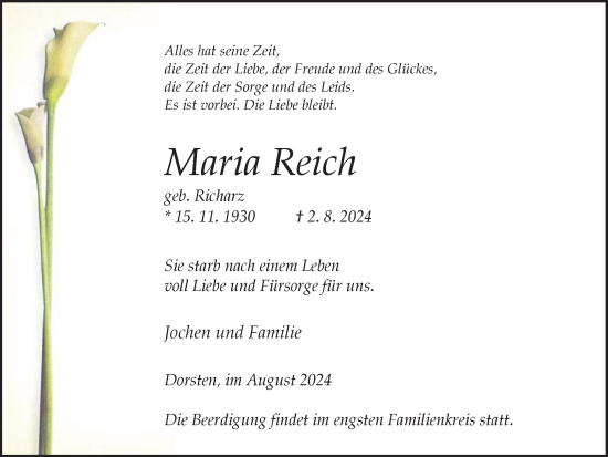 Traueranzeigen von Maria Reich | sich-erinnern.de