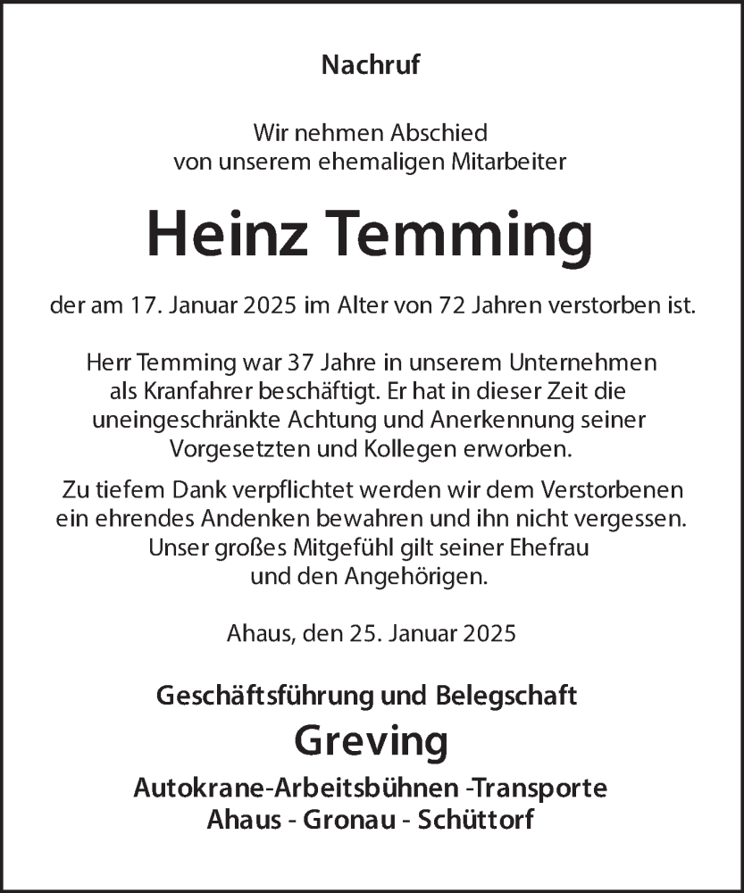 Traueranzeigen von Heinz Temming | sich-erinnern.de