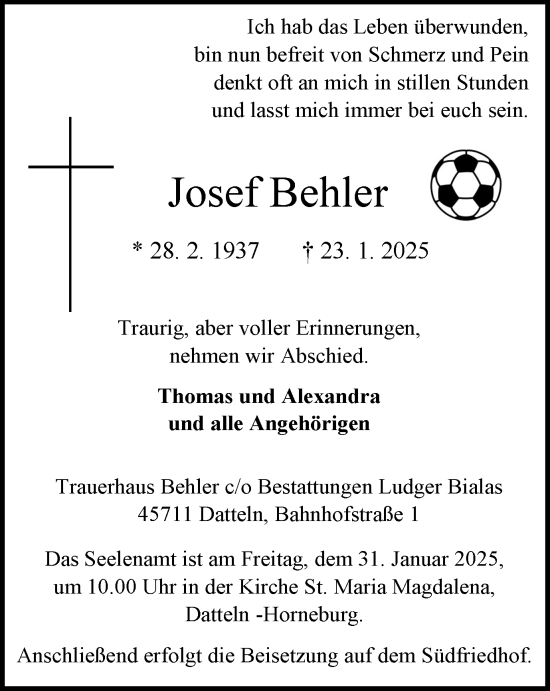 Traueranzeigen von Josef Behler | sich-erinnern.de