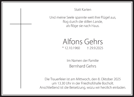 Traueranzeigen von Alfons Gehrs | sich-erinnern.de