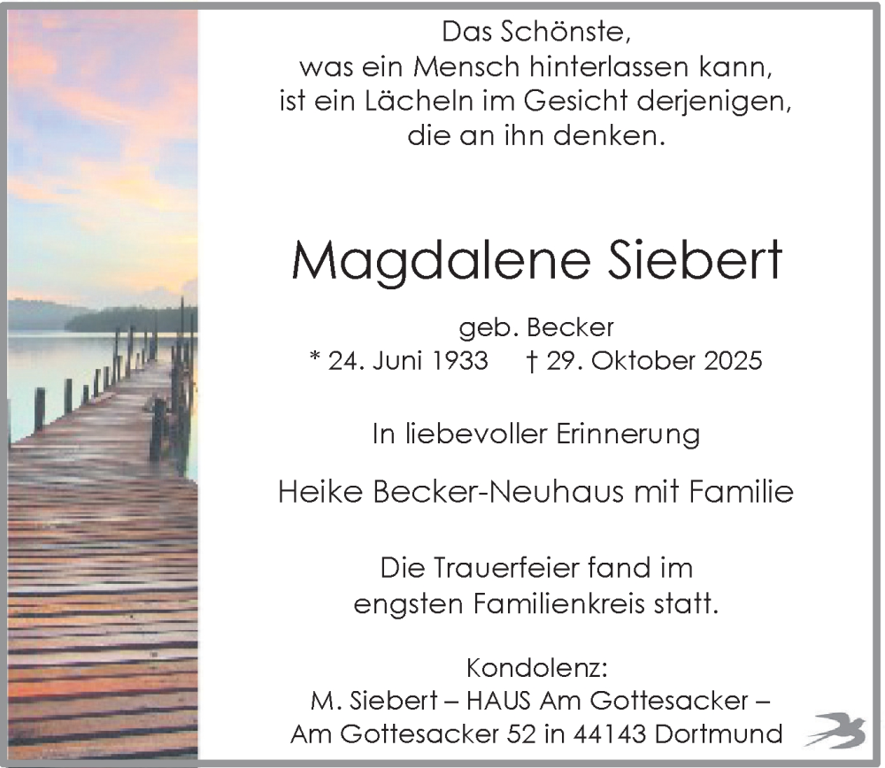 Traueranzeigen von Magdalene Siebert | sich-erinnern.de