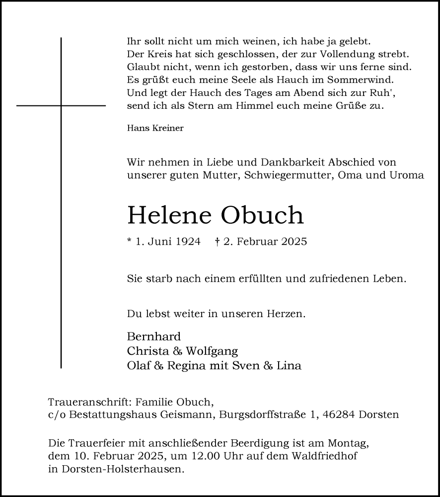 Traueranzeigen von Helene Obuch | sich-erinnern.de