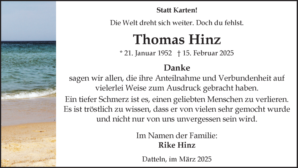 Traueranzeigen von Thomas Hinz | sich-erinnern.de
