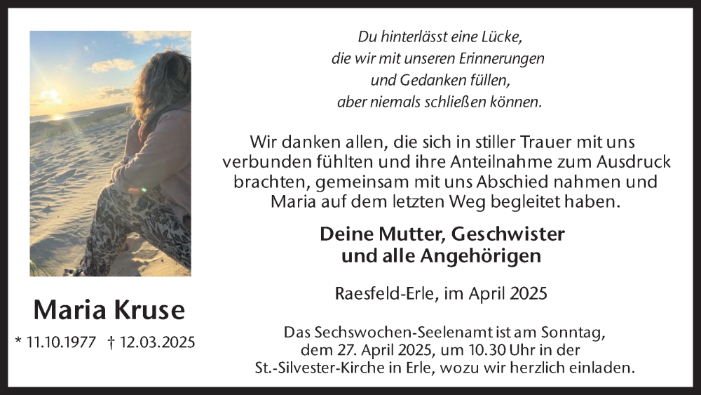 Traueranzeigen von Maria Kruse | sich-erinnern.de