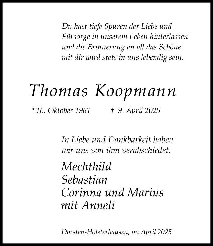 Traueranzeigen von Thomas Koopmann | sich-erinnern.de