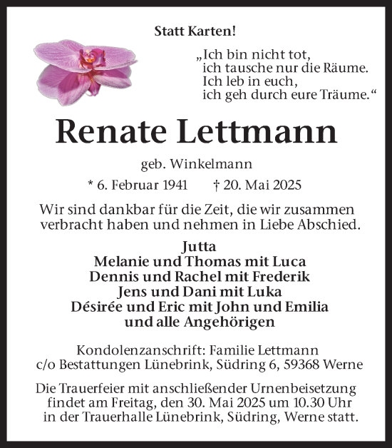 Traueranzeigen von Renate Lettmann | sich-erinnern.de