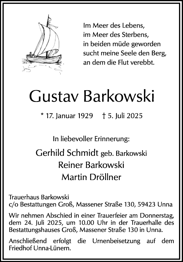Traueranzeigen von Gustav Barkowski | sich-erinnern.de