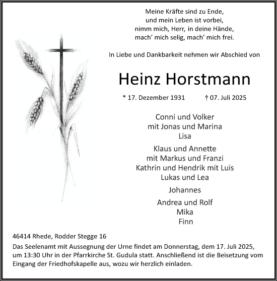 Traueranzeigen von Heinz Horstmann | sich-erinnern.de