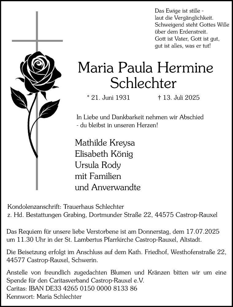 Traueranzeigen von Maria Paula Hermine Schlechter | sich-erinnern.de