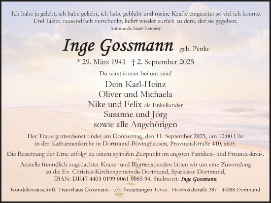 Traueranzeigen von Inge Gossmann | sich-erinnern.de