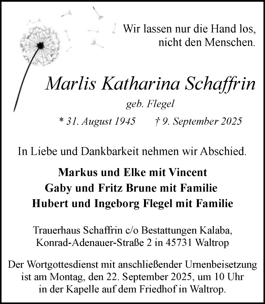 Traueranzeigen von Marlis Katharina Schaffrin | sich-erinnern.de