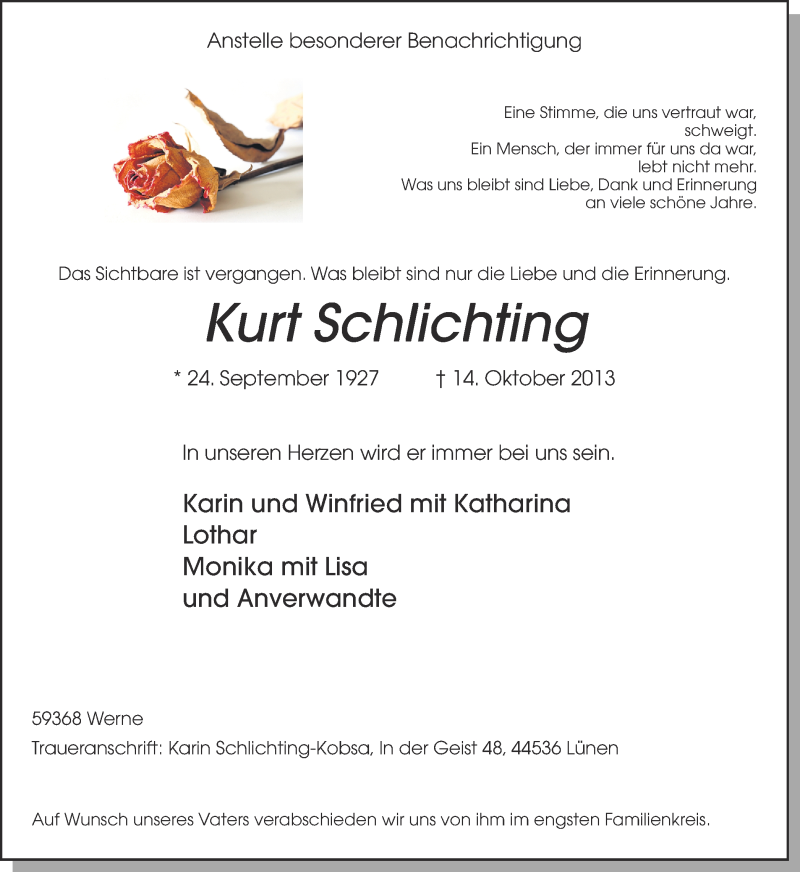 Traueranzeigen von Kurt Schlichting | sich-erinnern.de