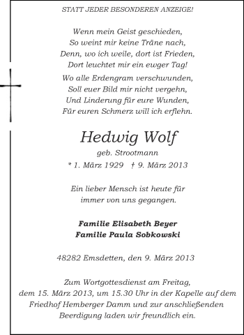 Traueranzeigen von Hedwig Wolf | sich-erinnern.de